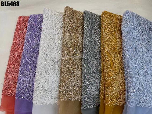 fashion fabric Arabian wedding dress heavy Handmade embroidery beaded bridal lace fabric nave blue beaded French sequined