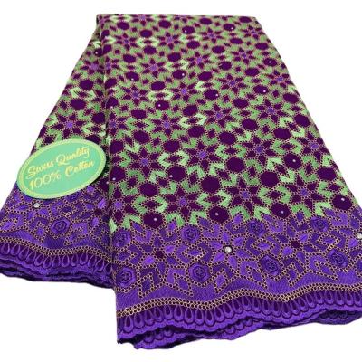 China Nigerian African Embroidery Lace Fabric /100% Cotton Embroidery Fabric with Rhinestones/ 100% Thick Cotton Lace Fabric for sale