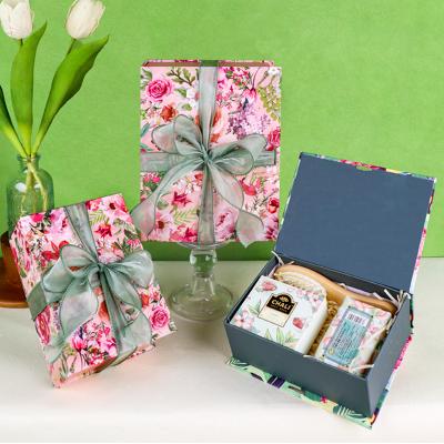 China Floral Rigid Gift Box Hinged Cosmetic Paper Packaging Box Pink With Sage Green Ribbon for sale