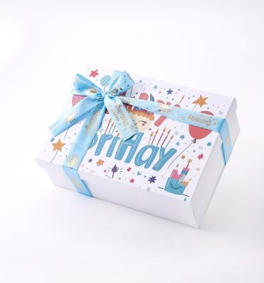 China Birthday Foldable Gift Boxes Blue Bow Party Patterns Cake Balloon Graphics Fold Up for sale