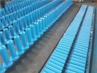 China Blue Self Aligning Conveyor Guide Roller Buffer 219mm Diameter Heavy Duty Impact Bed for sale