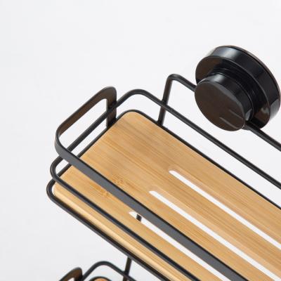 China Black Bamboo Bathroom Shower Rack With Easy-Lock Suction Wall Mounted Basket Shelf for sale