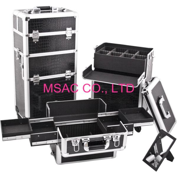 Quality Black Leather Pro Makeup Case Rolling Makeup Cosmetic Organizer for sale