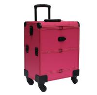 China Pink Leather Makeup Trolley Case With Wheels for sale