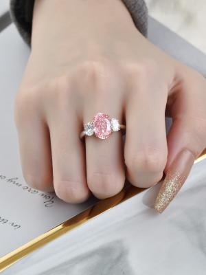 China Lab Created Pink CVD Diamond Ring Three Stones Oval Shape 18k White Gold for sale