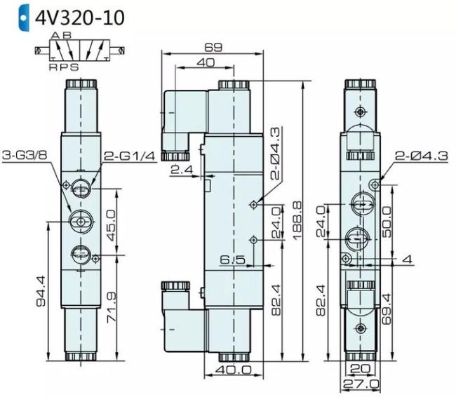Dimension of 4V320-08 Pneumatic Solenoid Valve: