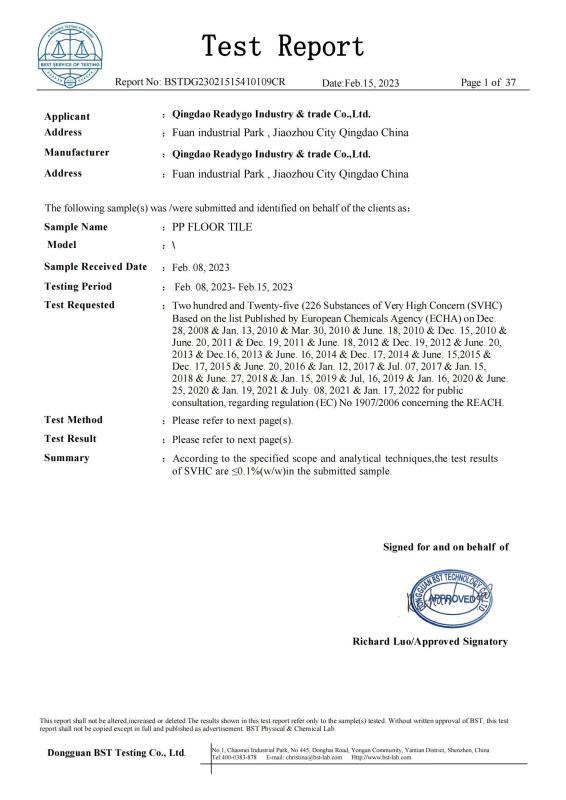  - Qingdao Readygo Industry & Trade Co., Ltd.