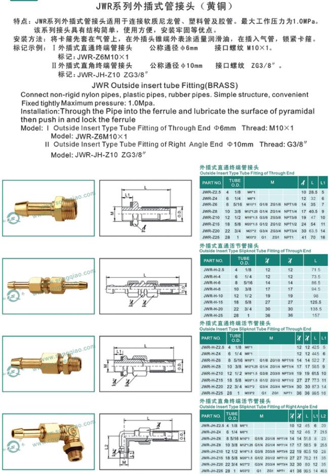 Outside Insert Type Pneumatic Fittings JWR In Brass 1.0 MPa Maximum Pressure 0