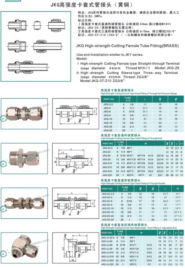 High Strength Metric Pneumatic Fittings Nickle Plated JKG Cutting Ferrule 0