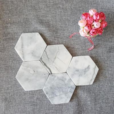 China natural white marble stone hexagon shape coaster with rubble backing 10mm diameter for sale