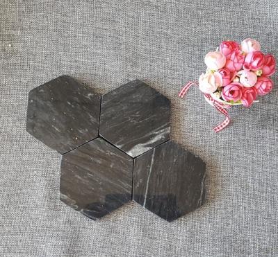 China natural black marble stone hexagon shape coaster with rubble backing 10mm diameter for sale