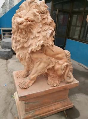 China Garden decoration statues outdoor granite handcarved lions sculptures red colour stone lions for sale