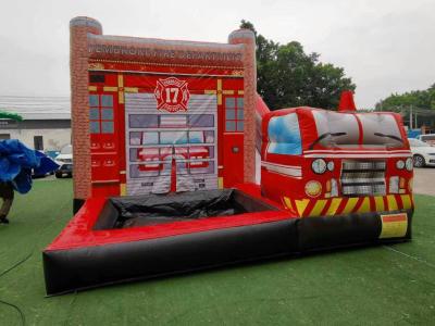 China OEM ODM 3 In 1 Fire Station Bounce House With Pool Bouncy Jumper Castle Water Slide Obstacle For Kids for sale