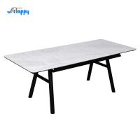 China 850mm Width Expandable Rectangle Dining Table Extendable Glass Top Dining Table With Iron Base for sale