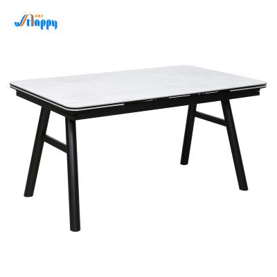 China 850mm Width Expandable Rectangle Dining Table Extendable Glass Top Dining Table With Iron Base for sale