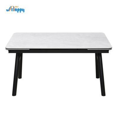 China 850mm Width Expandable Rectangle Dining Table Extendable Glass Top Dining Table With Iron Base for sale