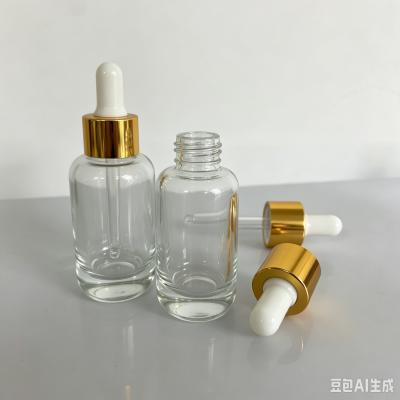 China 50ml Clear Thick Base Glass Dropper Bottle, Gold Aluminum Collar&White Rubber Nipple for Serum Essential Oil Cosmetic Packaging for sale