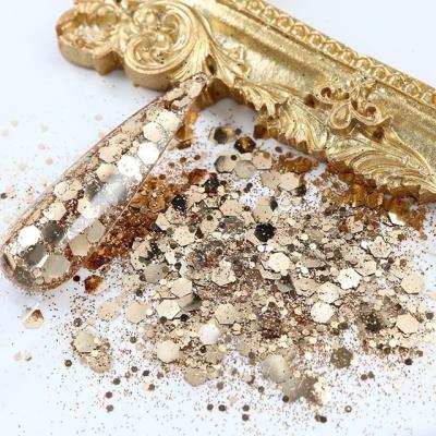 China DIY Bagged Nail Astringent Glitter Flax Drop Glue Fill Flash Sheet Chunky Mixes Gold Glitter with Materials and OEM/ODM for sale