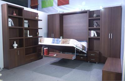 China Light Walnut Vertical Wall Bed Space Saving With Bookshelf  & Sofa for sale