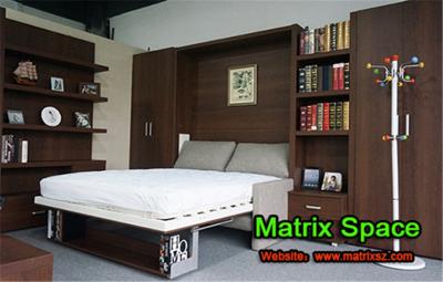 China Dark Brown Vertical Wall Bed , Wood Double Space Saving Wall Bed With Bookshelf for sale