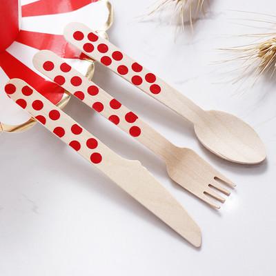 China Reeks van de Lepeluensils van Eco de Vriendschappelijke 160MM Rode Dots Wooden Cutlery Knife Fork Te koop