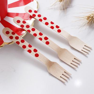 China Grupo 160MM vermelho amigável de Uensils da colher de Eco Dots Wooden Cutlery Knife Fork à venda