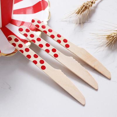 China Grupo 160MM vermelho amigável de Uensils da colher de Eco Dots Wooden Cutlery Knife Fork à venda