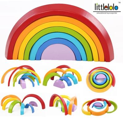 China Baby 15cm Brug Houten Bouwstenen Toy Nesting Rainbow Block Set Te koop