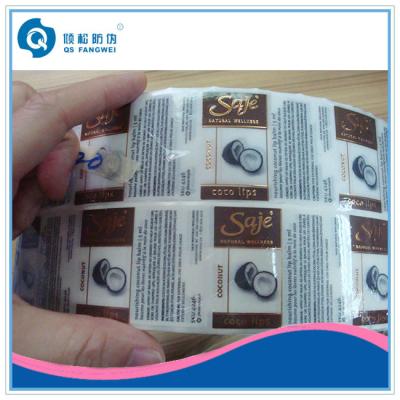 China Etiquetas plásticas autas-adhesivo para el maquillaje/la etiqueta engomada transparente cosmética con la lámina para gofrar de cobre en venta