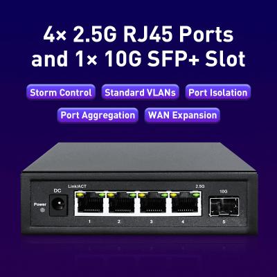 Cina commutatore di 2.5Gbps Poe con 4 porti di 10/100/1000/2500M RJ45 PoE+ e 1 cavo 5e della scanalatura 100m di 10G SFP+ in vendita