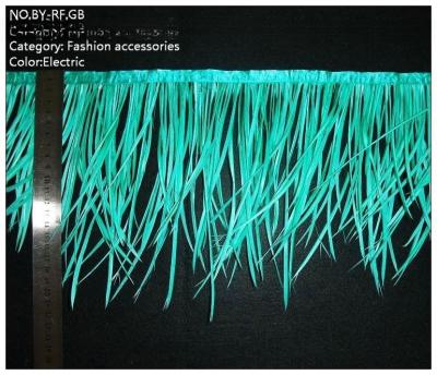 China Geverfde Spiky Goose Biot Feather Fringe Trim met Satin Ribbon Tapes Kippenveer Te koop
