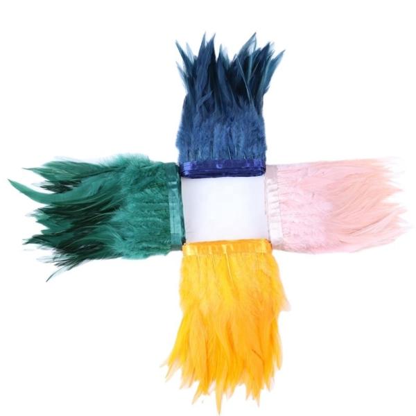 Quality Station Ribbon Hackle Saddle Feather Fringe Trim with Dyed Pattern Goose Feather for sale