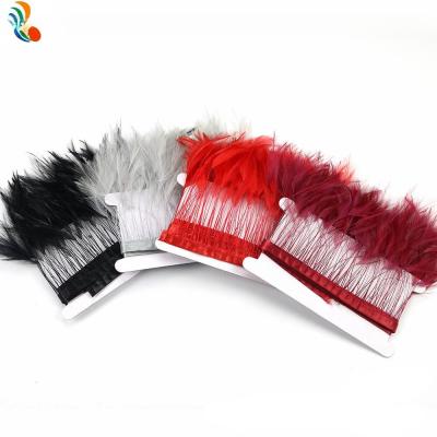 China Dyed Pattern Party Decoration Stripped Hackle Feather Fringe Trimming with Satin Ribbon Tapes for sale