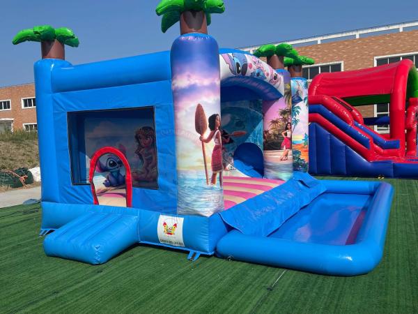 Quality Inflatable Bounce House Combo With Water Pool Slide And Palm Tree Theme Designed for sale