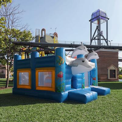 China Custom Ocean Theme Inflatable Bounce House Slide Combo with Dolphin Decorations Bounce Area Slide Lane Mesh Walls for Outdoor Party Rental Projects Use for sale