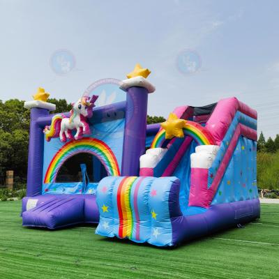 China Custom Inflatable Unicorn Bounce House With Slide Rainbow Artwork And Star Decorations for Kids Party Rental Events And Outdoor Playground Projects for sale