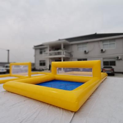 China Yellow Inflatable Water Game Court with Blue Pool Floor and Mesh End Panel for sale