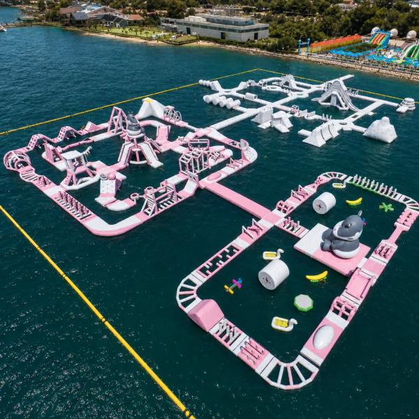 Quality Floating Aqua Park Commercial Water Recreation System Custom PVC Inflatable Modules Jump Platforms Long Walkways Challenge Elements Resort Beach Seasonal Operations for sale