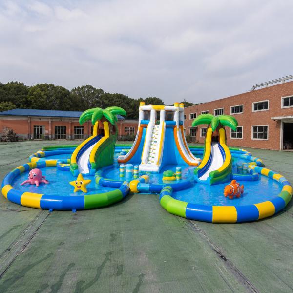 Quality Commercial Tropical Modular Inflatable Land Water Park with Triple Slides Splash Pools and Sea Animal Play Features for sale