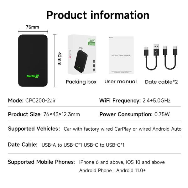 Quality Wired To Wireless Smart Android Auto And Apple Carplay Dongle 2Air AI BOX Wireless USB Wifi BT Adapter for sale