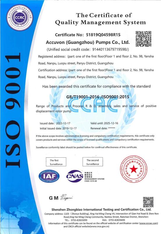 The Certificate of Quality Management System - Accuvon (Guangzhou) Pumps Co., Ltd