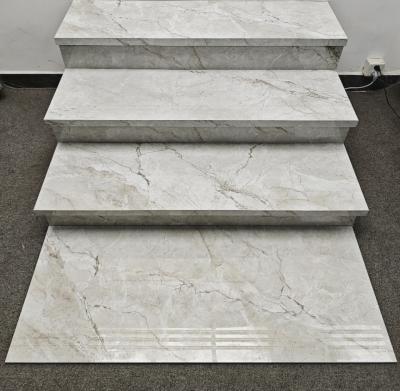 China Wear-resistant Light Gray Mable Leave Space for Led Strip 470x1200mm Polished Glazed Ceramic Staircases For Living Room for sale