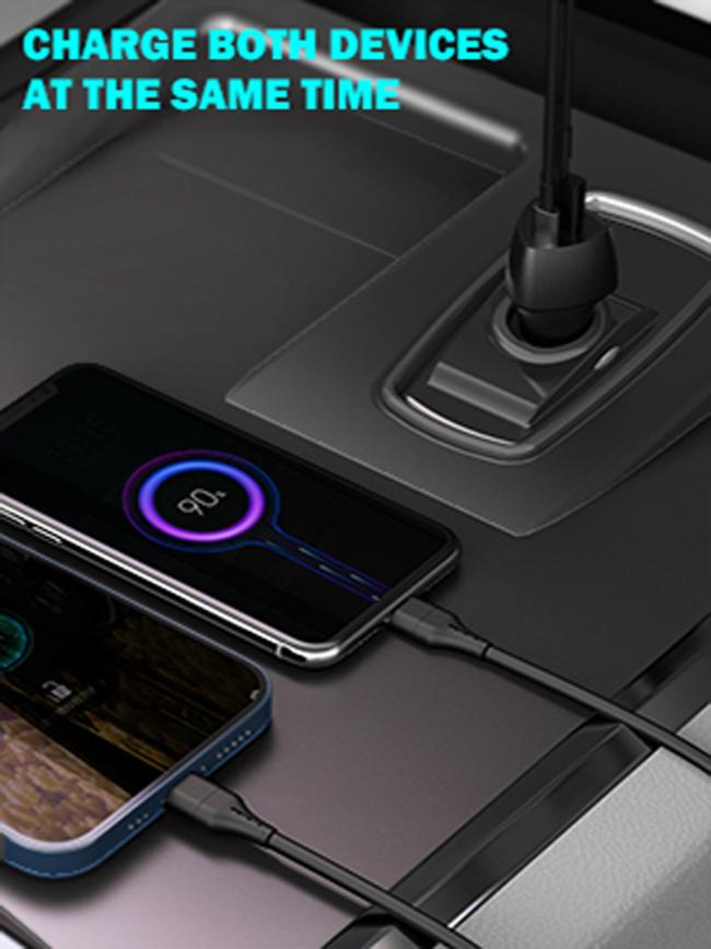 USB C PD 30W QC18W Car Fast Charger showing dual ports