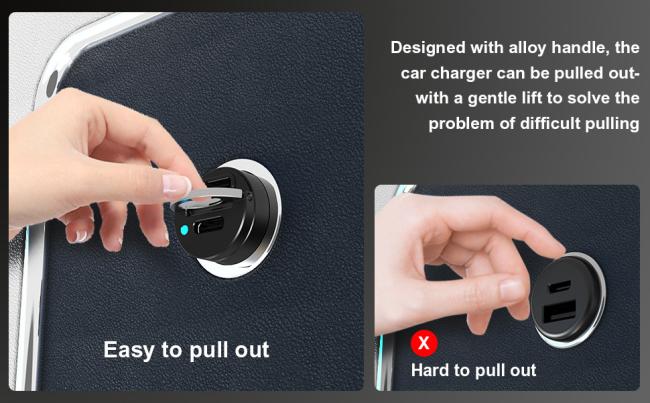 30W Mini Metal Car Charger showing dual USB-C ports and compact design