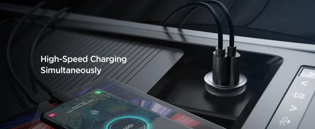 Compact metal car charger showing USB-C and USB-A ports