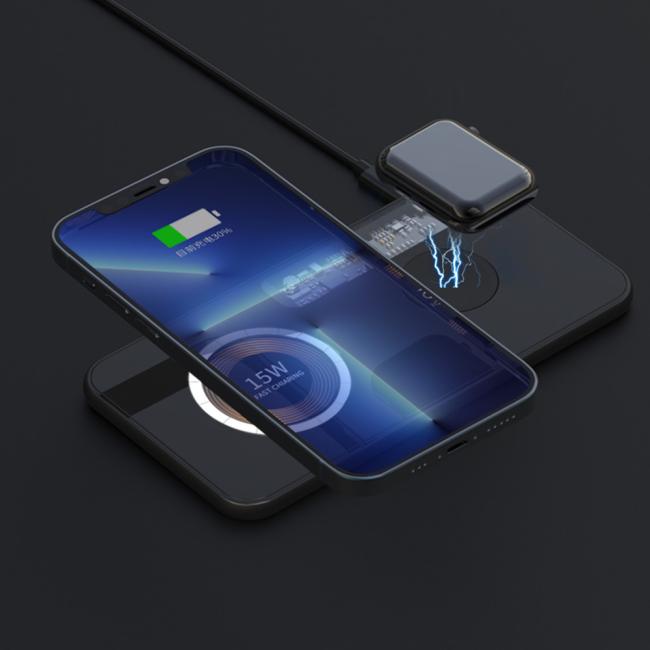 Wireless charger simultaneously charging iPhone and Apple Watch