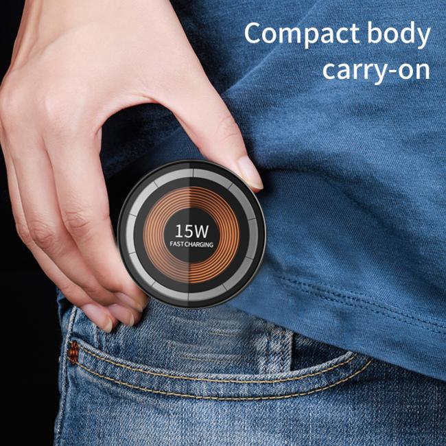 Magnetic wireless charger front view showing sleek black design
