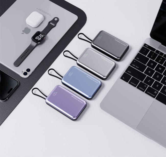 Compact power bank with foldable stand in use