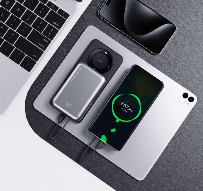 Close-up of power bank's ports and LED display