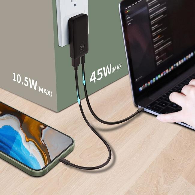 Front view of 65W GaN fast charger showing dual ports